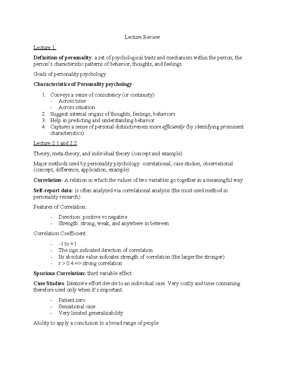 Lecture Review - This is the summaries notes of all chapters in exam 1 ...