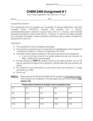 Chem 2400 lab 4 sheet - Chem 2440 - Memorial University - Studocu