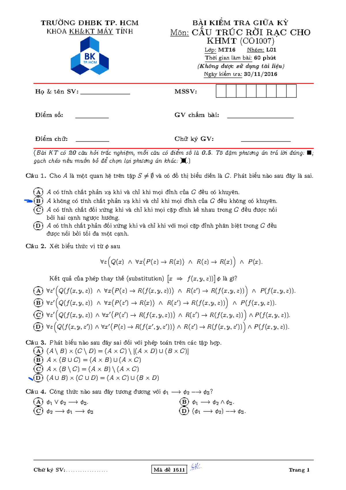 CO1007-1611 - cds - TRƯỜNG ĐHBK TP. HCM KHOA KH&KT MÁY TÍNH BÀI KIỂM TRA GIỮA KỲ Môn: CẤU TRÚC ...