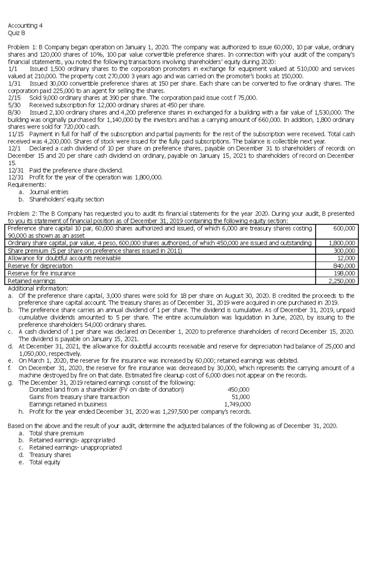 Quiz-8 for Accounting Equity in Financial Statements - Accounting 4 ...