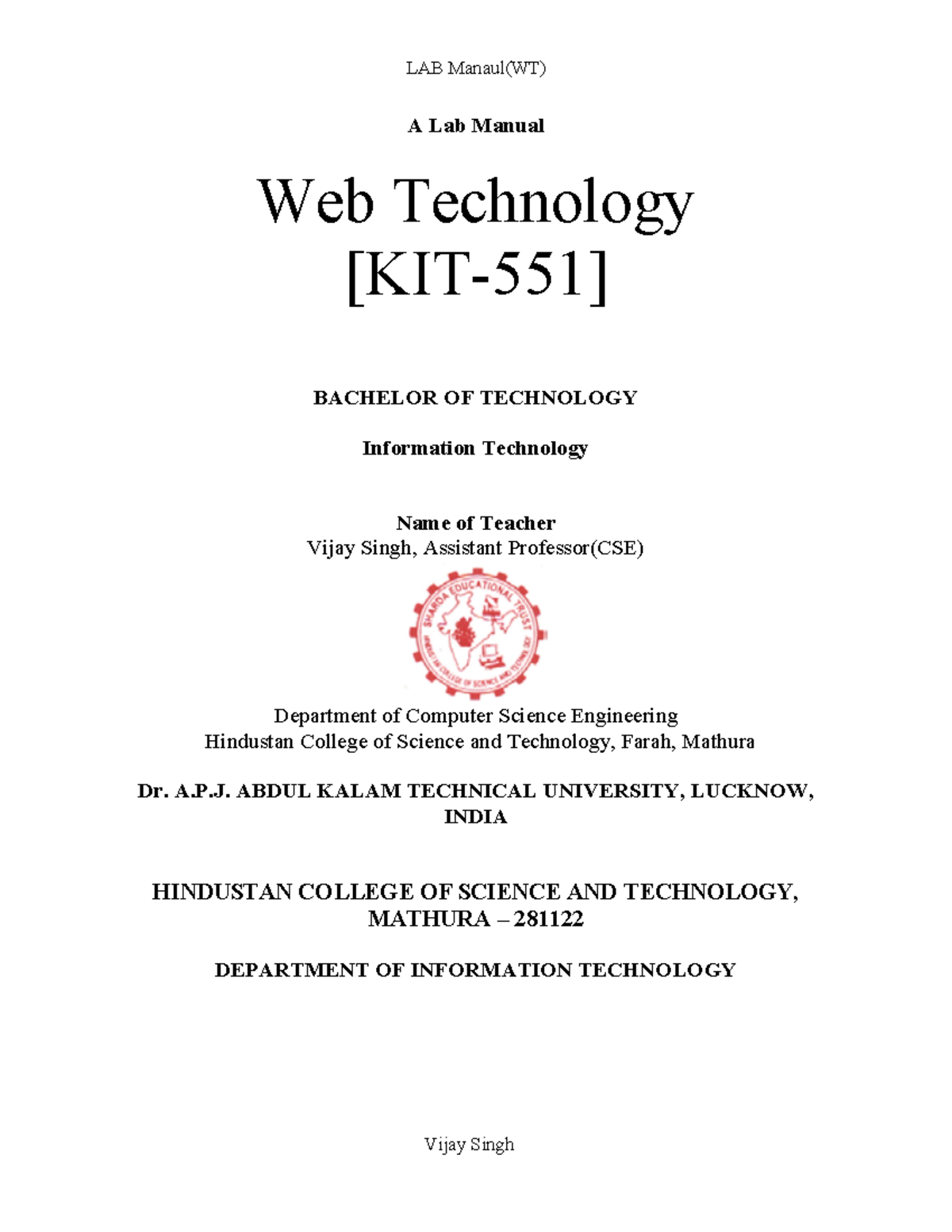 WT file LAb Manual - A Lab Manual Web Technology [KIT-551] BACHELOR OF TECHNOLOGY Information ...