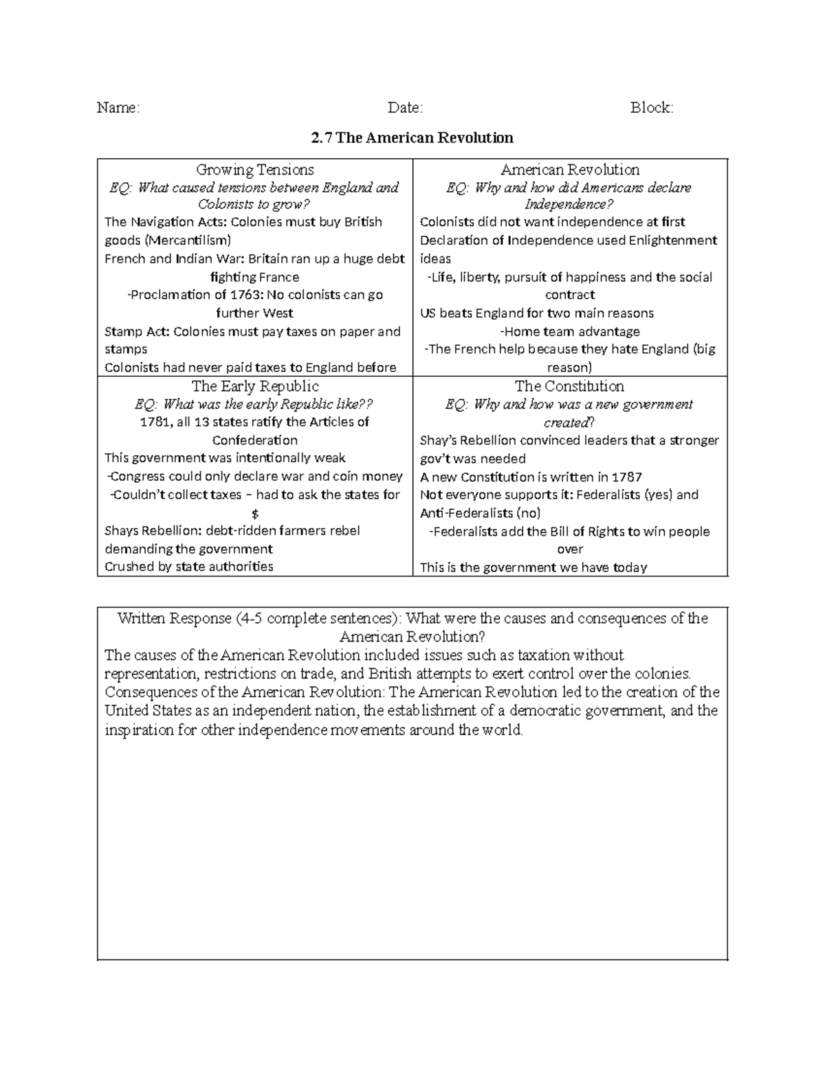 2.7 The American Revolution - Name: Date: Block: 2 The American ...