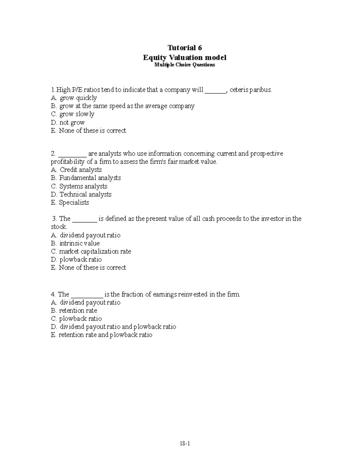 Tutorial 6 PM Q: Asset Valuation Model - Tutorial 6 Equity Valuation ...