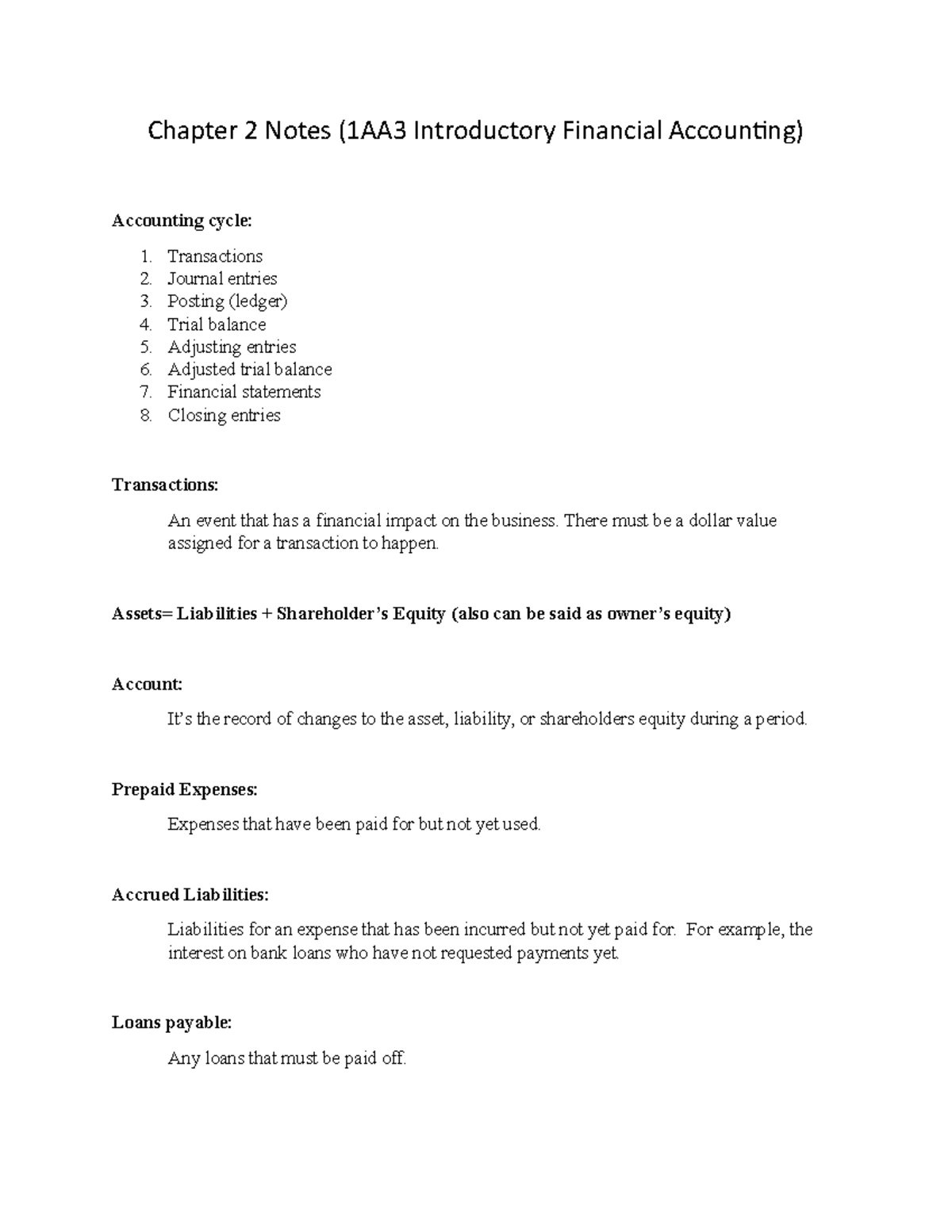Chapter 2 Notes (1AA3 Introductory Financial Accounting) - Chapter 2 ...