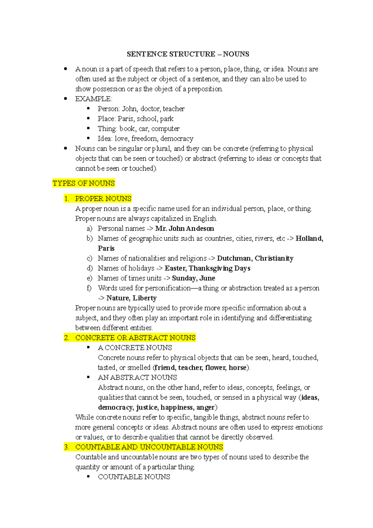 Sentence Structure - Nouns - SENTENCE STRUCTURE – NOUNS A noun is a ...