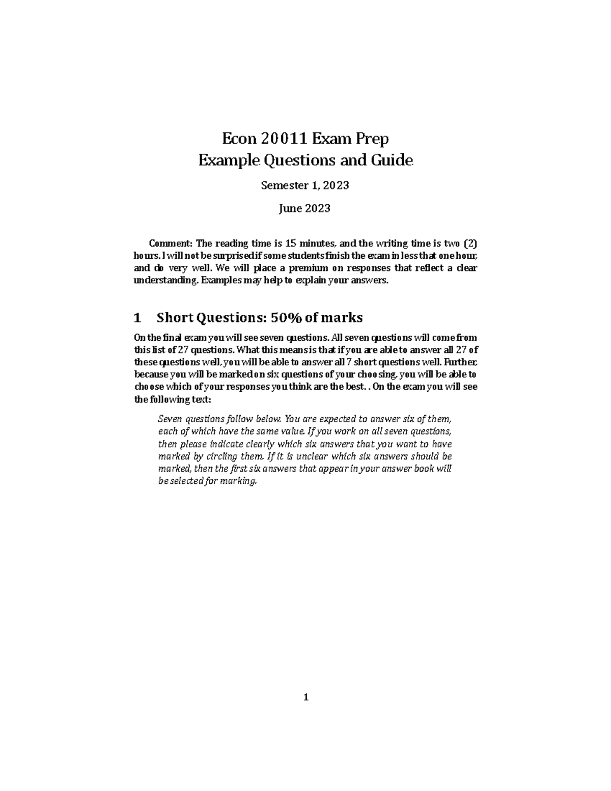 Sem1 Exam Potential 27Qs - Econ 20011 Exam Prep Example Questions and ...