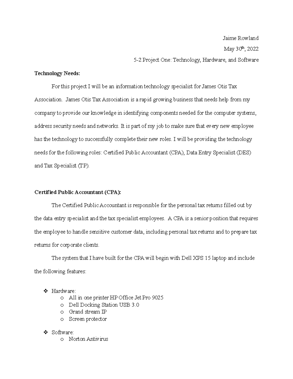 It 200 5 2 Project One Technology Hardware And Software Jaime Rowland May 30th 2022 5 2