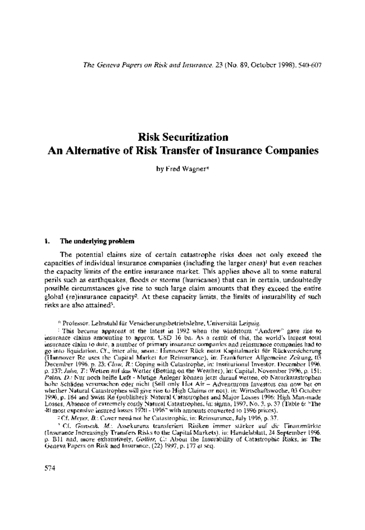Risk Securitization - An Alternative of Risk Transfer of Insurance ...