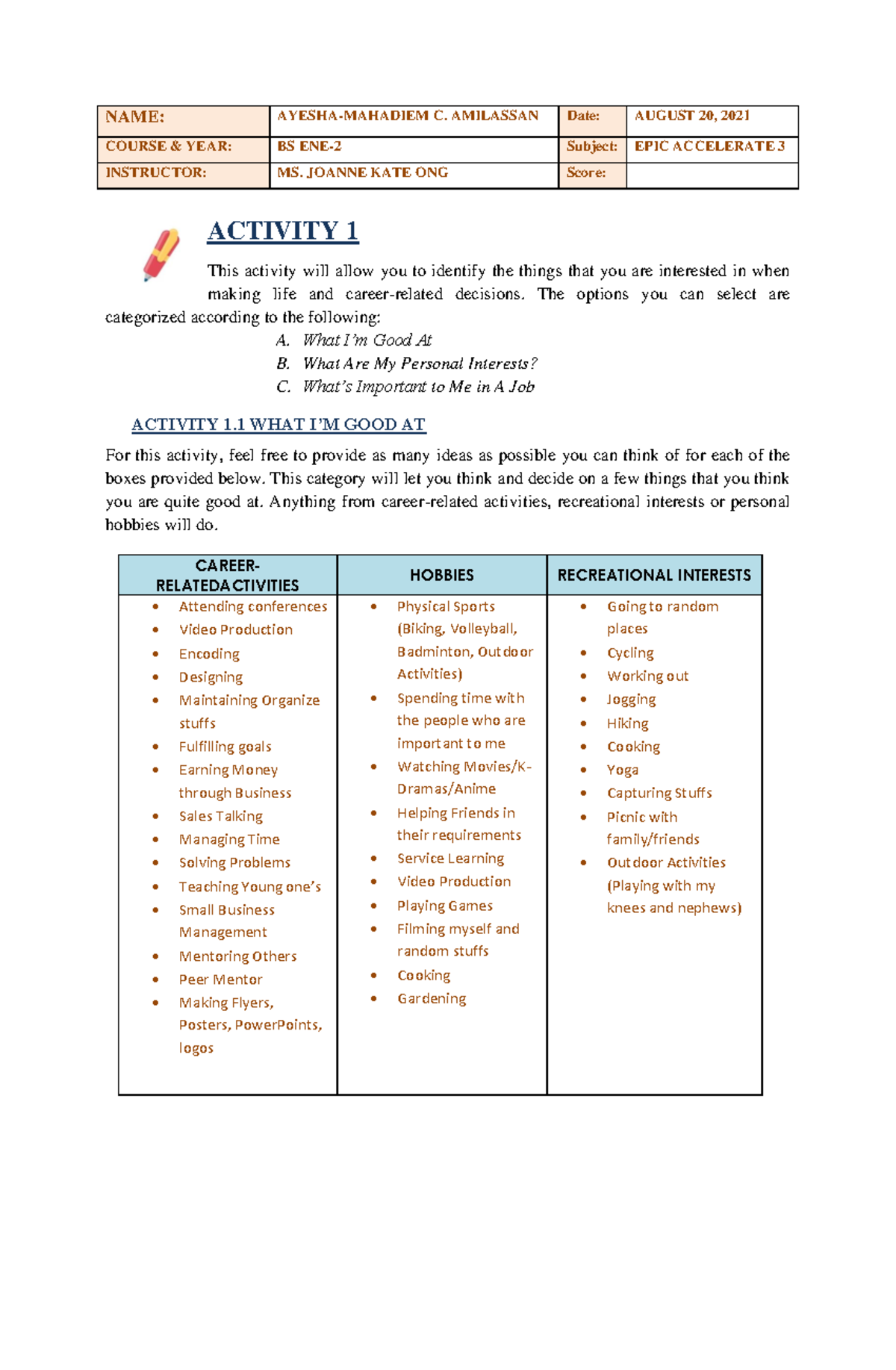 Activity 1 in EPIC 3 - NAME: AYESHA-MAHADIEM C. AMILASSAN Date: AUGUST ...