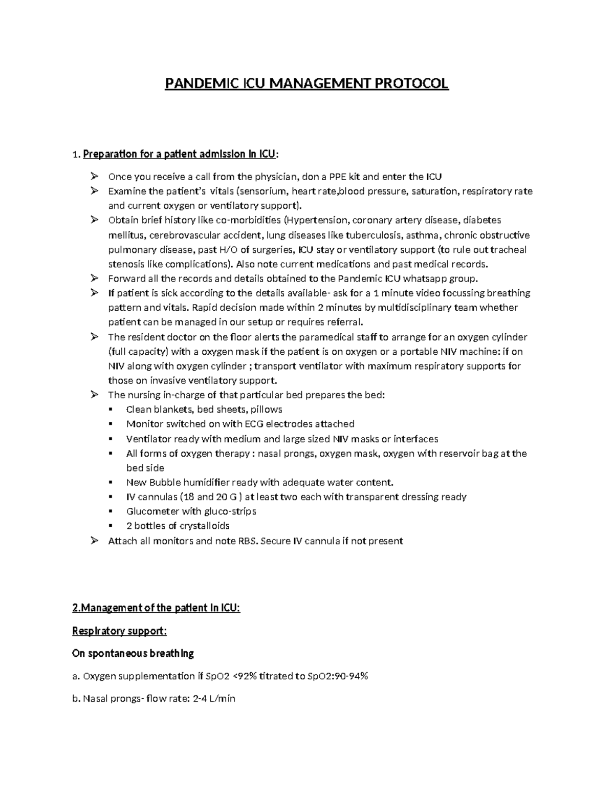 Pandemic ICU Management Protocol - PANDEMIC ICU MANAGEMENT PROTOCOL ...