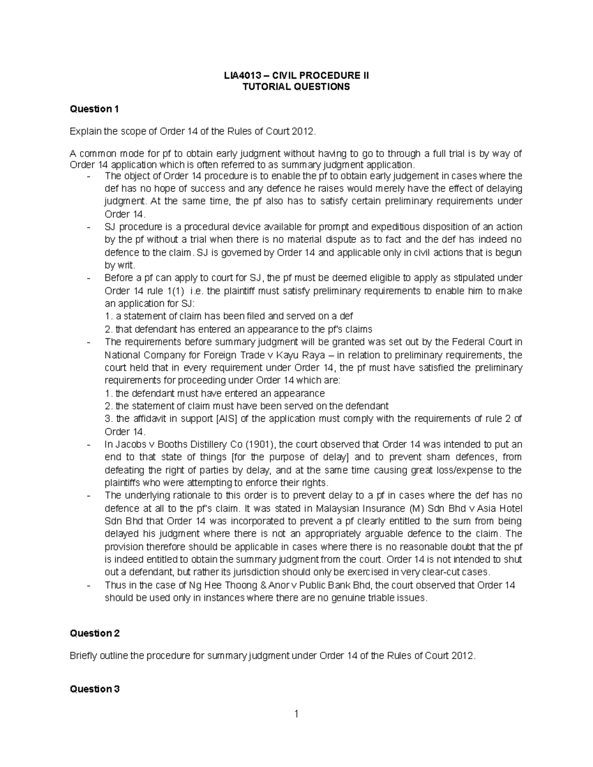 Tutorial Questions - LIA4013 – CIVIL PROCEDURE II TUTORIAL QUESTIONS ...