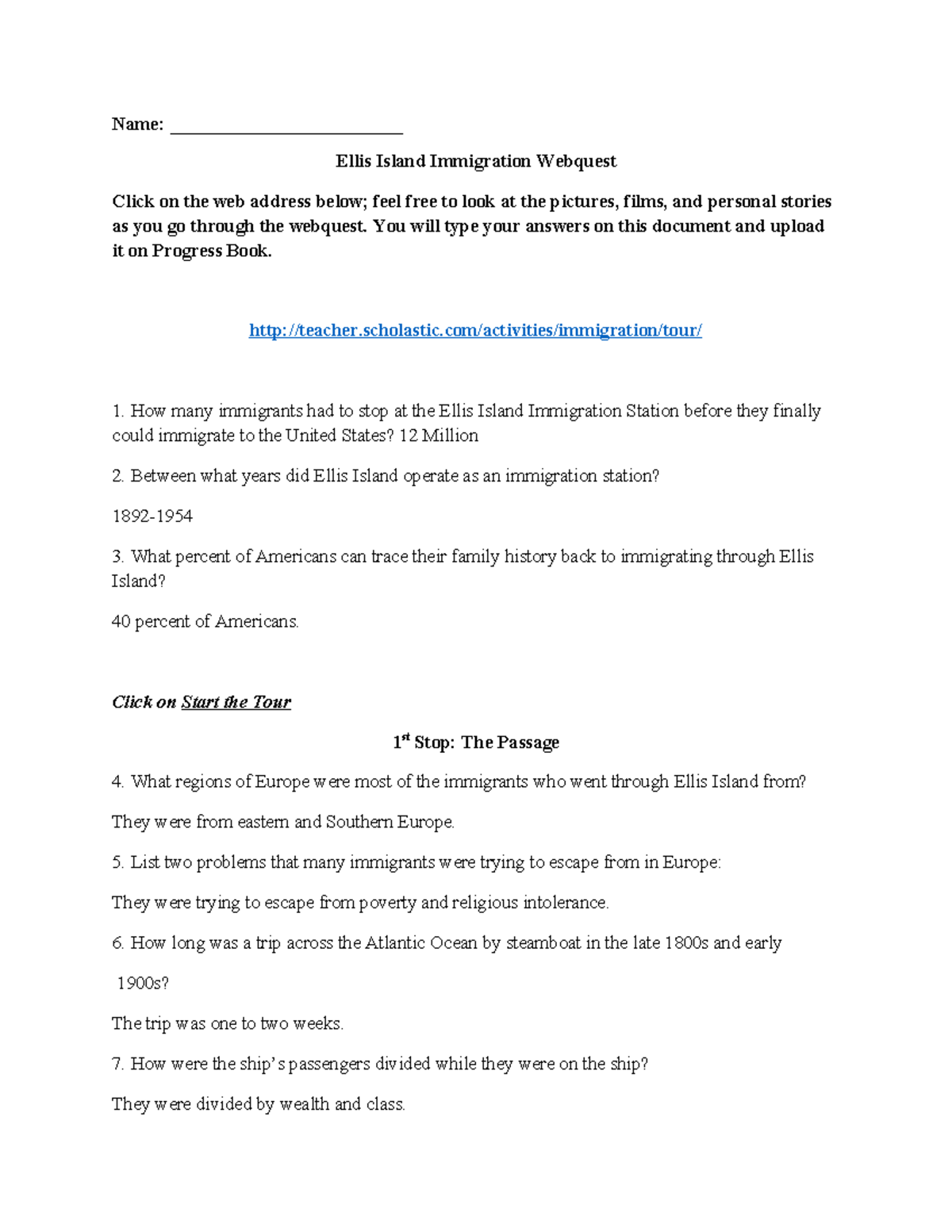 Ellis Island Webquest - Pt.1 - Name: _________________________ Ellis ...
