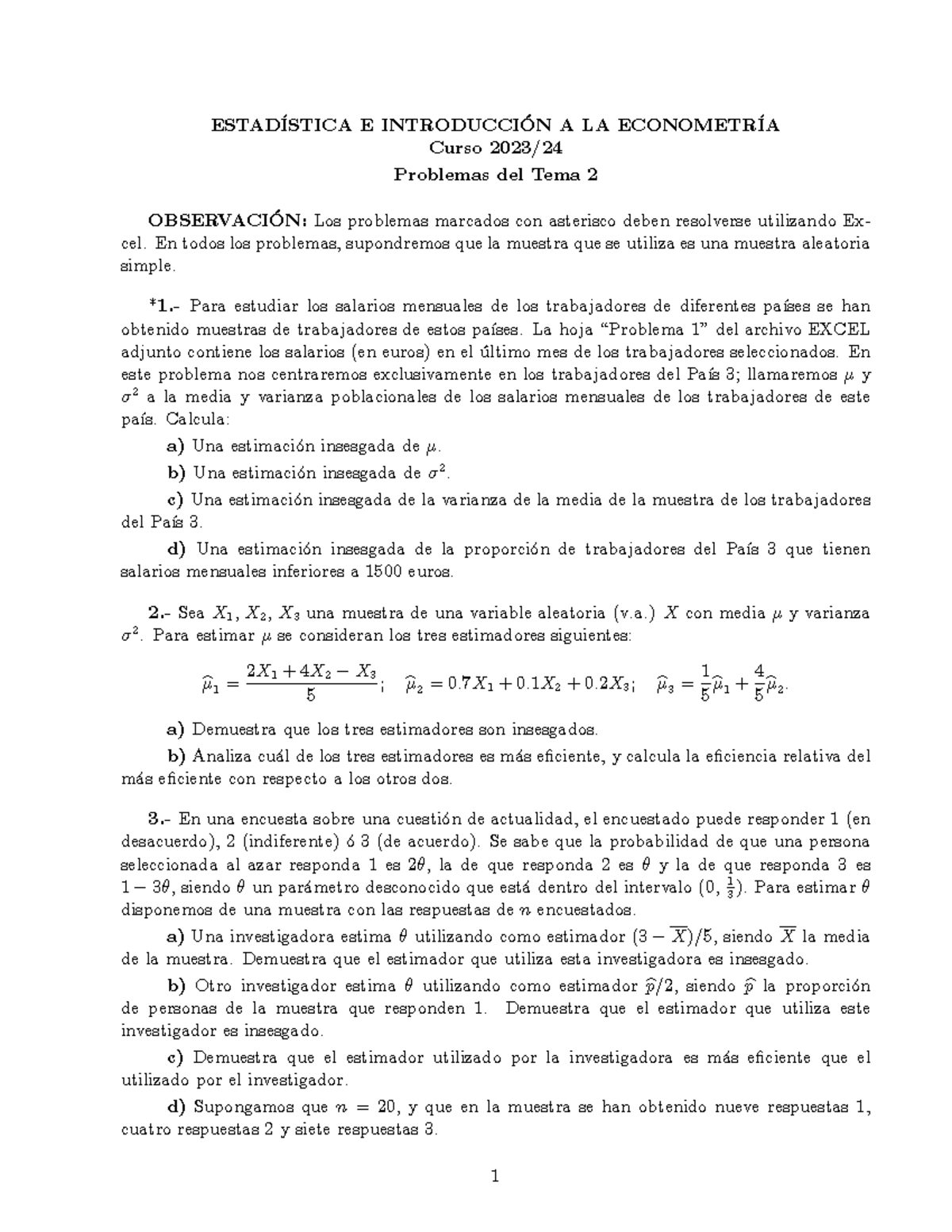 Problemastema 2 - dnebwwed djewdnwe dkwdnwe - ESTADÕSTICA E INTRODUCCI”N A LA ECONOMETRÕA Curso ...