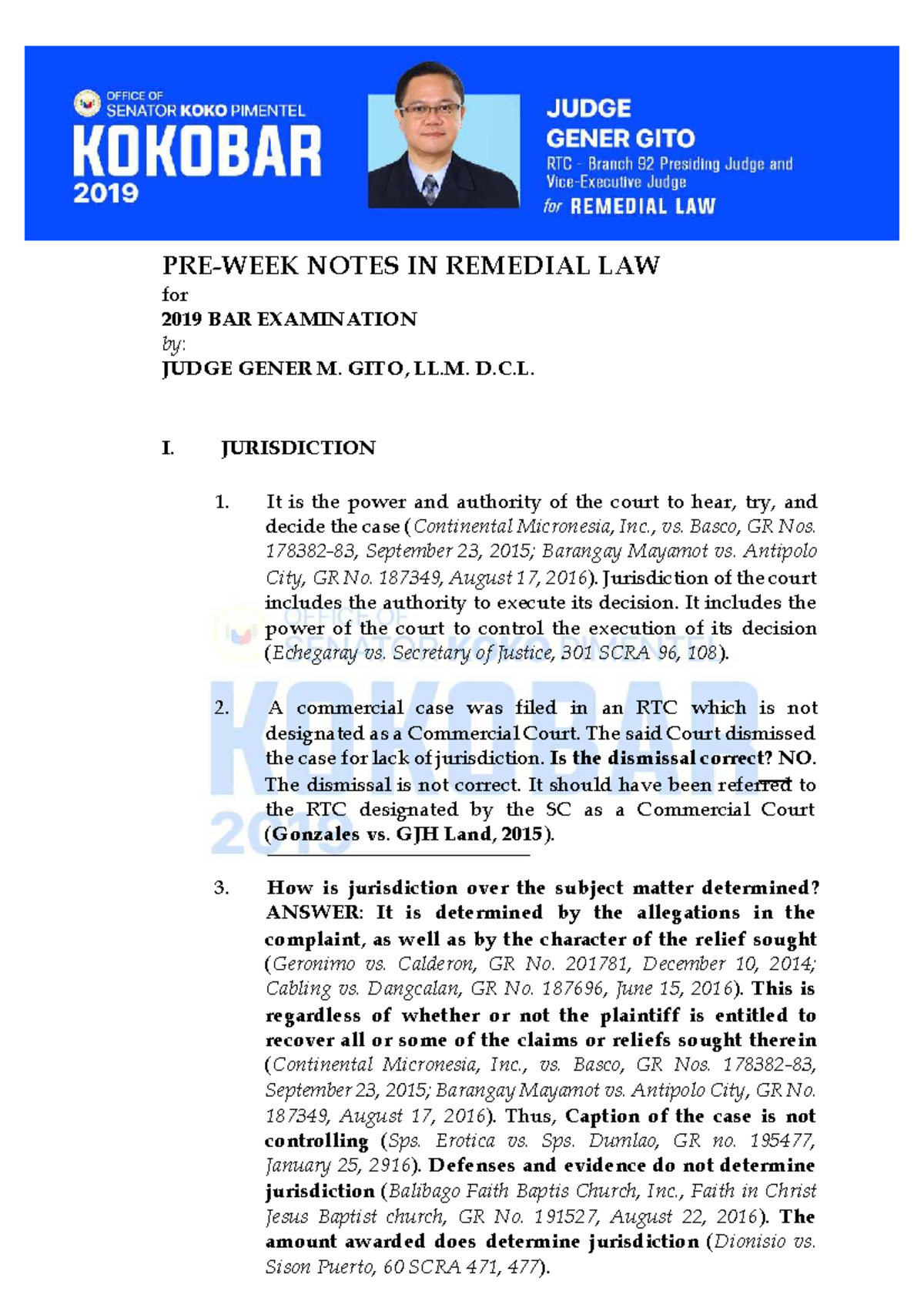 Downstudocu - n/a - PRE-WEEK NOTES IN REMEDIAL LAW for 2019 BAR ...