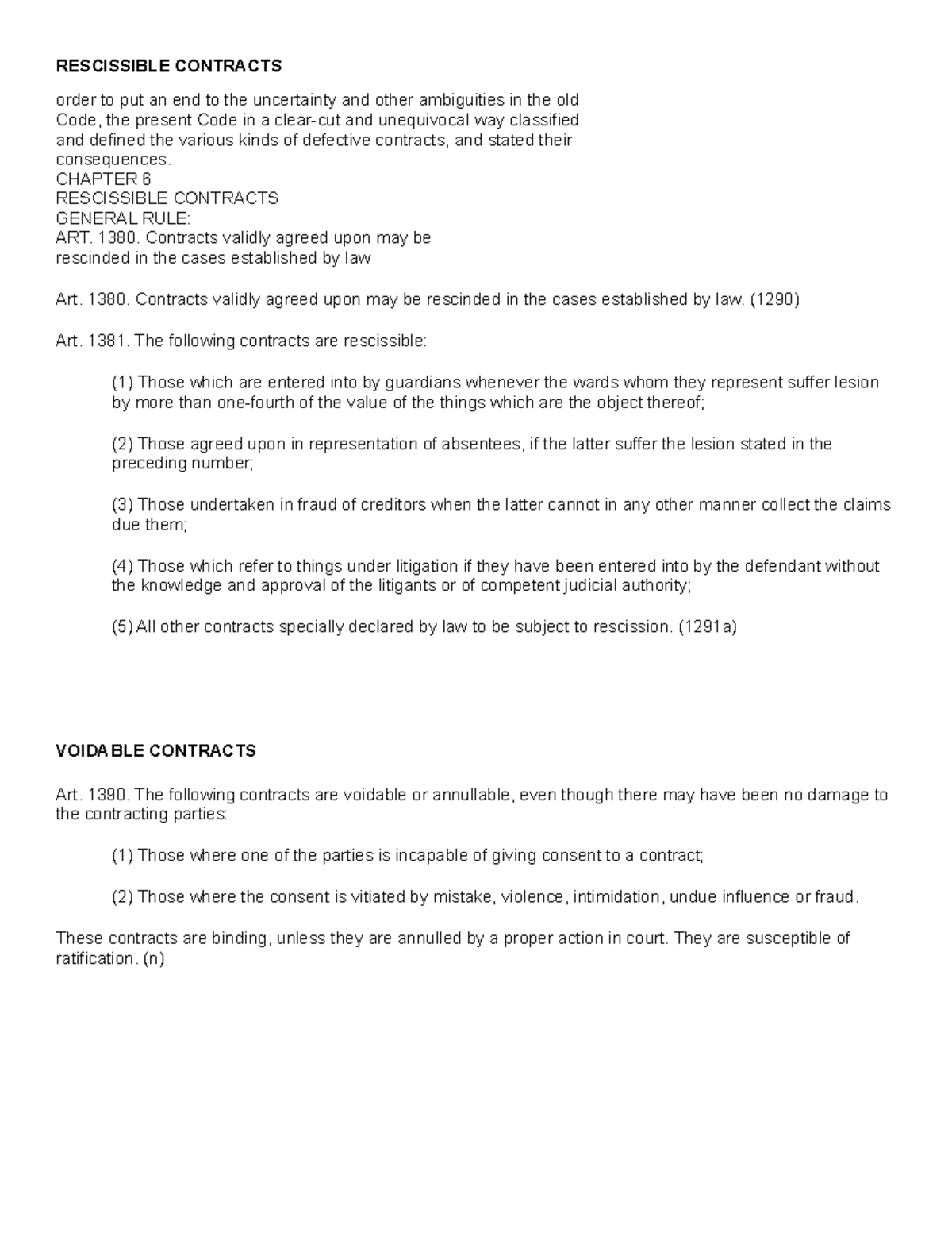 Defective contracts - CHAPTER 6 RESCISSIBLE CONTRACTS GENERAL RULE: ART ...