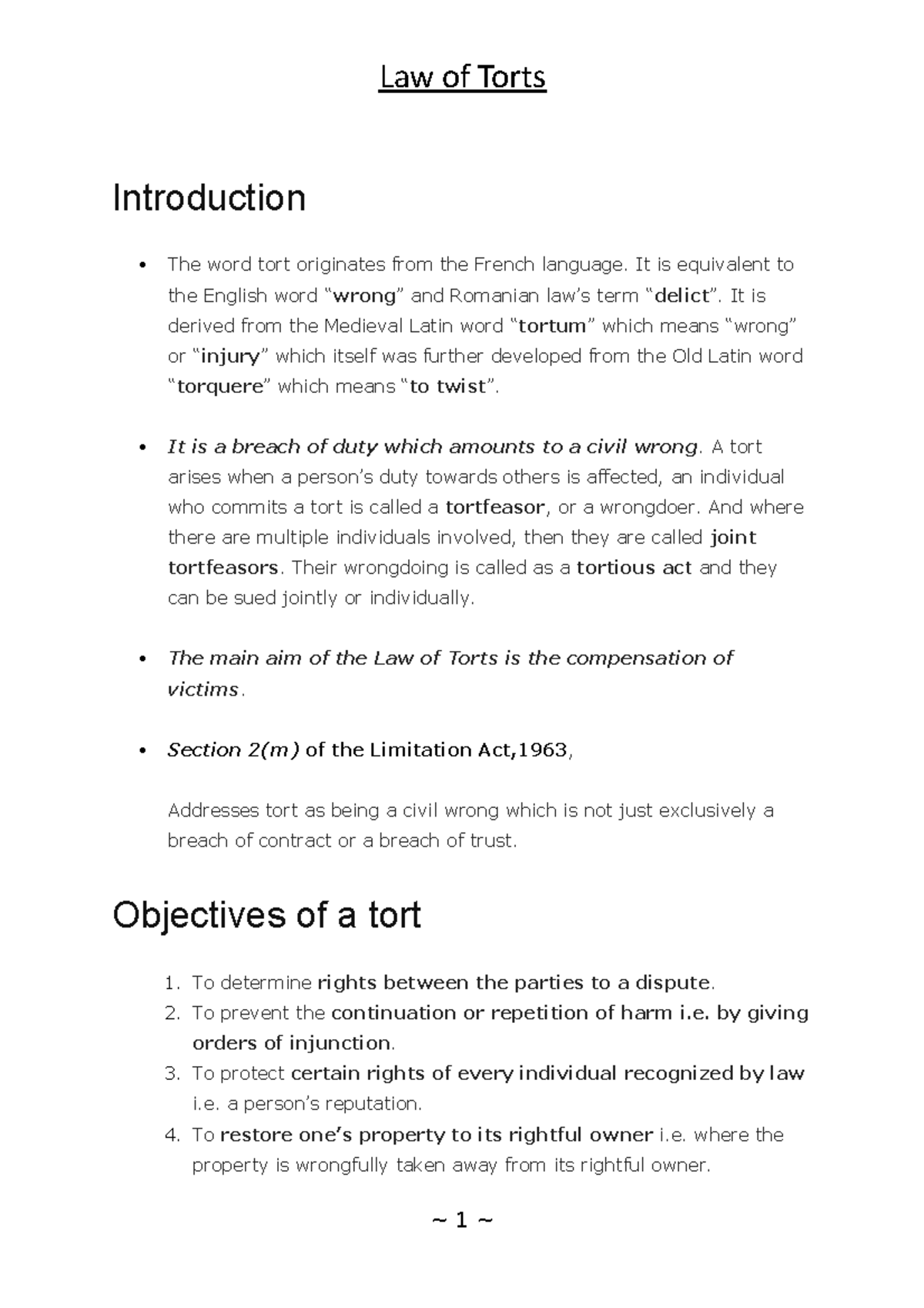 Law of torts - Lecture notes 1 - Introduction The word tort originates ...