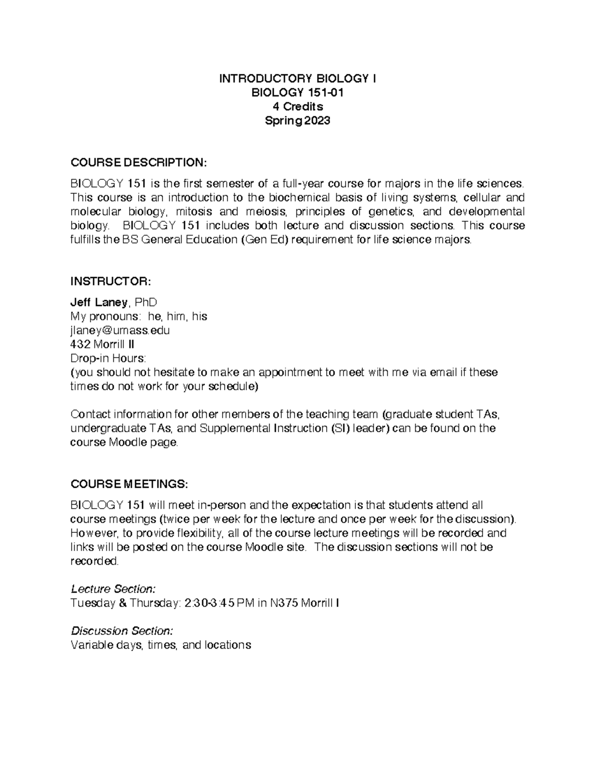 Biology 151 Syllabus-Sp2023 - INTRODUCTORY BIOLOGY I BIOLOGY 151- 01 4 ...