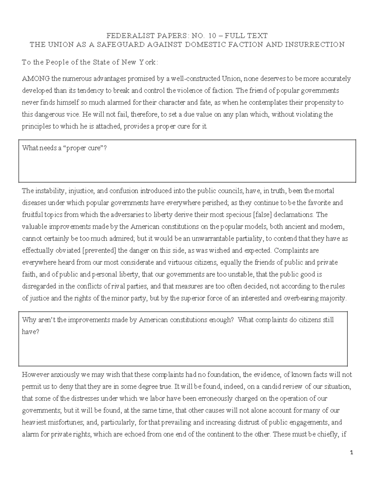 Federalist 10 Read Stop Think Write - FEDERALIST PAPERS: NO. 10 – FULL ...