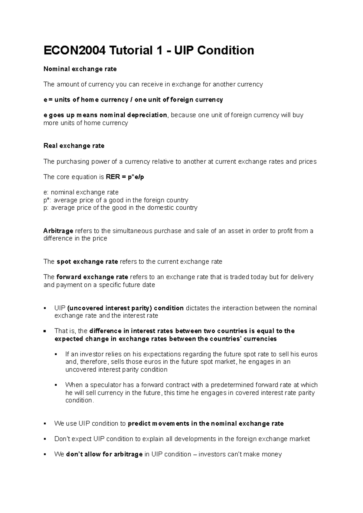 ECON2004 Term 2 Tutorial 1 - ECON2004 Tutorial 1 - UIP Condition Nominal exchange rate The ...