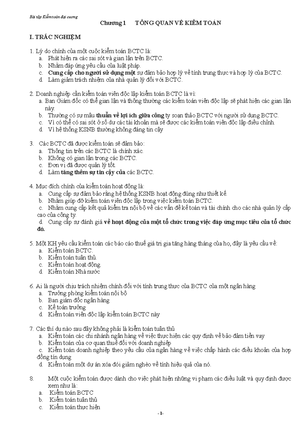 105782829 Bai Tap Kiem Toan Can Ban Co Loi Giai 1674 - Chương 1 TỔNG QUAN VỀ KIỂM TOÁN I. TRẮC ...