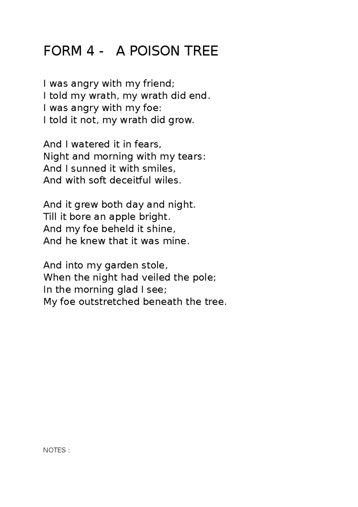 A poison tree - Poem - FORM 4 - A POISON TREE I was angry with my ...