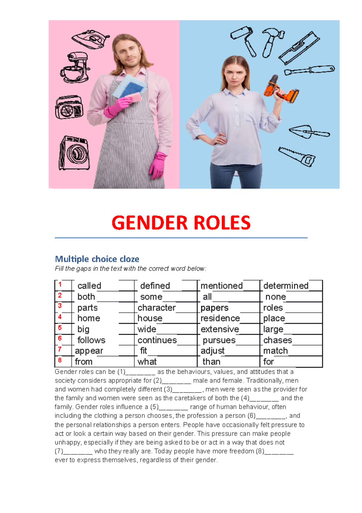 Gender roles - aas - GENDER ROLES Multiple choice cloze Fill the gaps ...