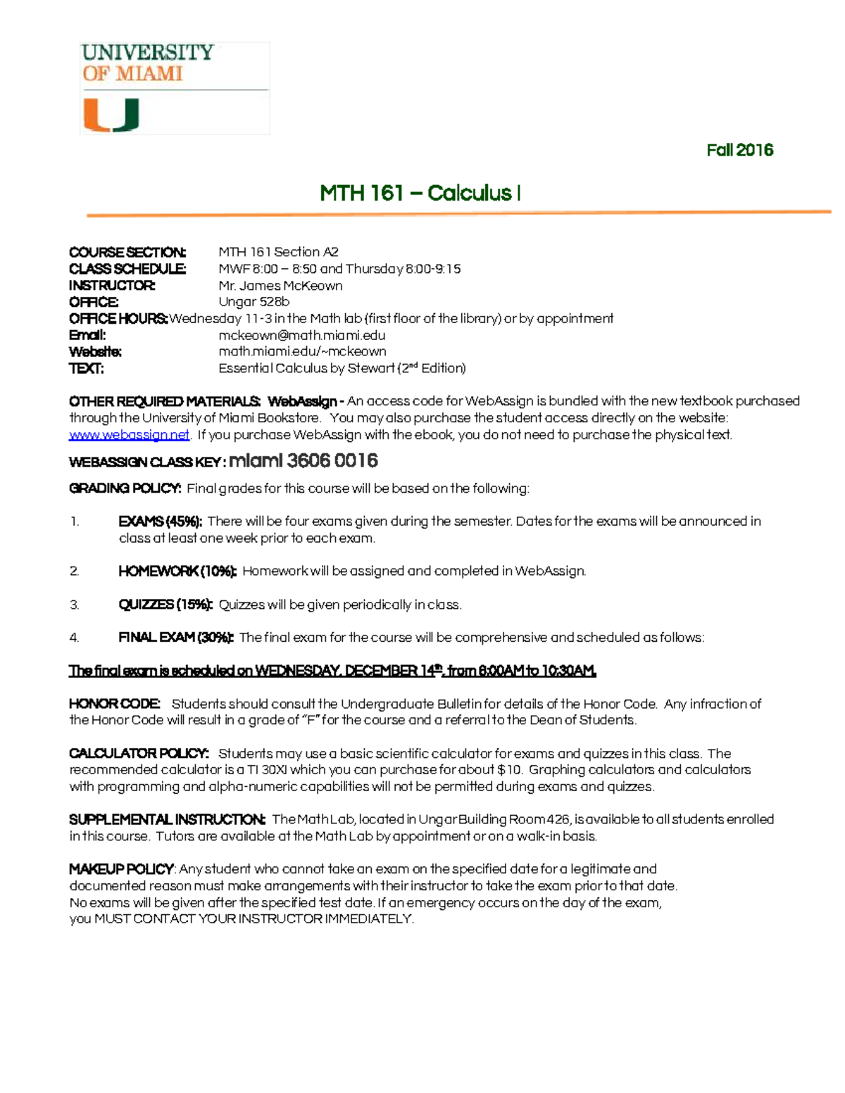 Calculus 1 Math 161 Syllabus - Fall 2016 MTH 161 – Calculus I COURSE ...
