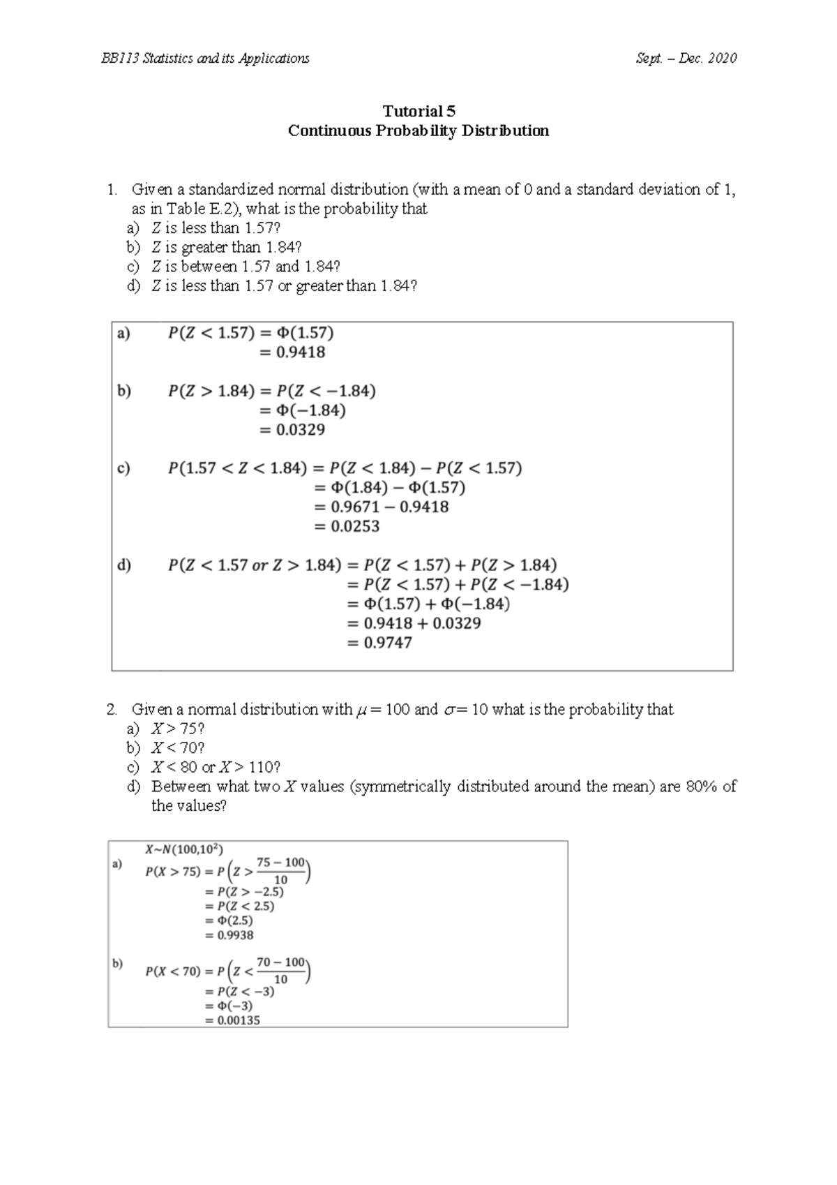 Tutorial 5 Topic 5 Solution - Tutorial 5 Continuous Probability ...