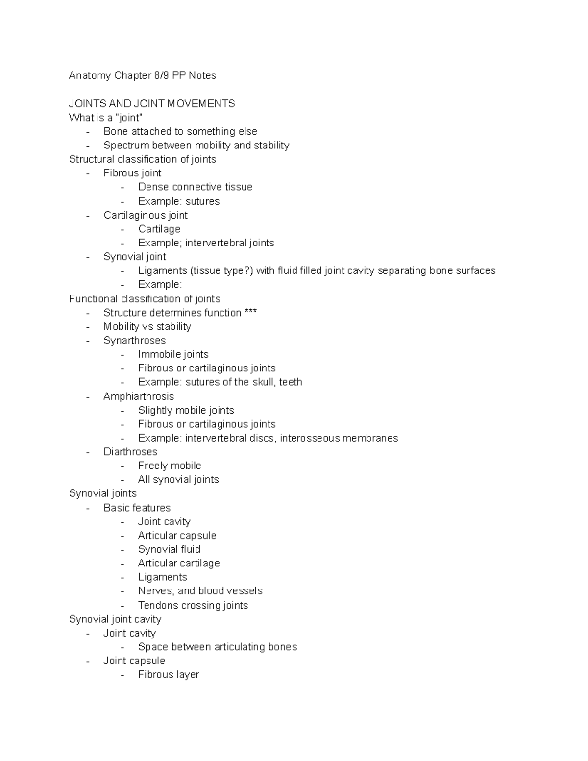 Anatomy Chapter 8 9 PP Notes - Anatomy Chapter 8/9 PP Notes JOINTS AND ...