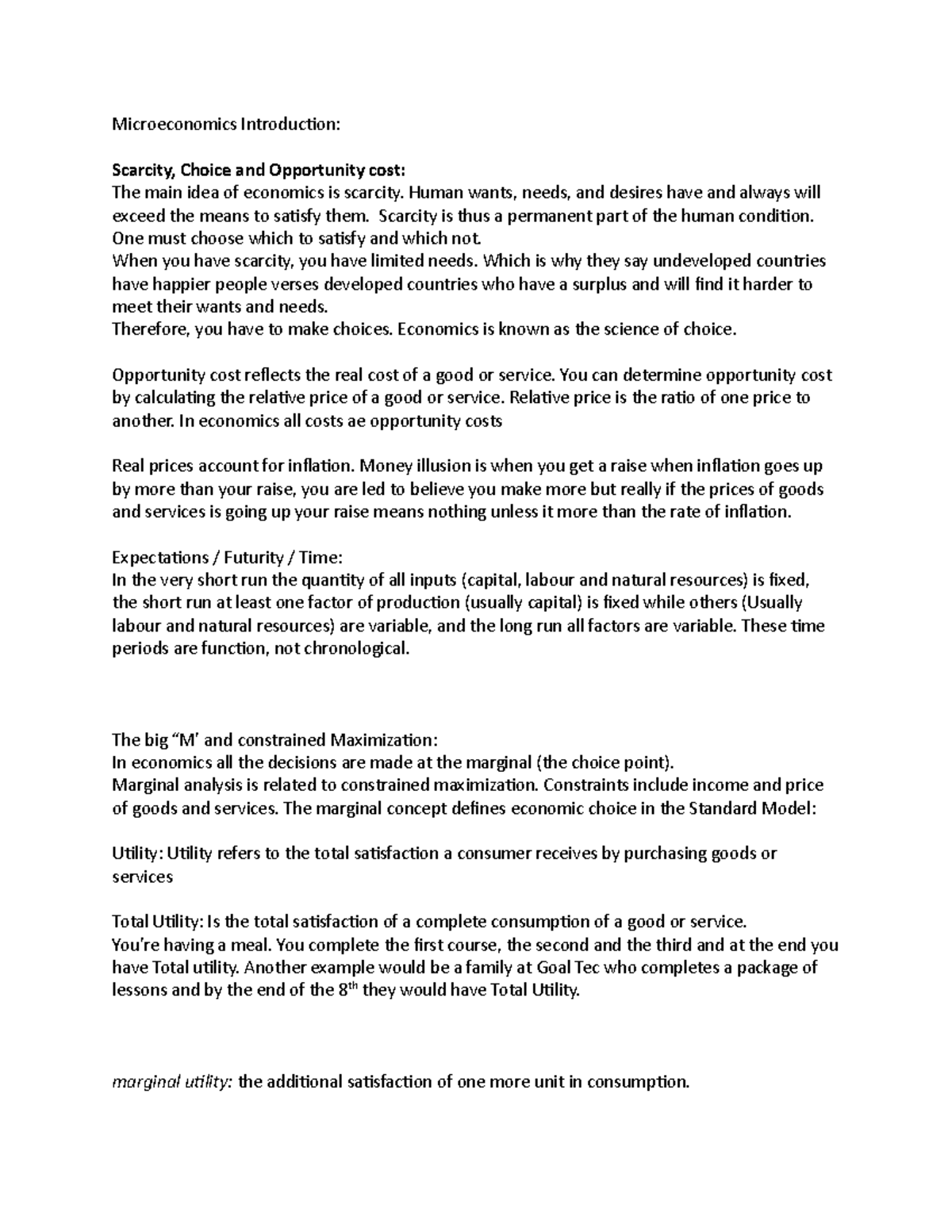 Econ Notes - Microeconomics Introduction: Scarcity, Choice and ...