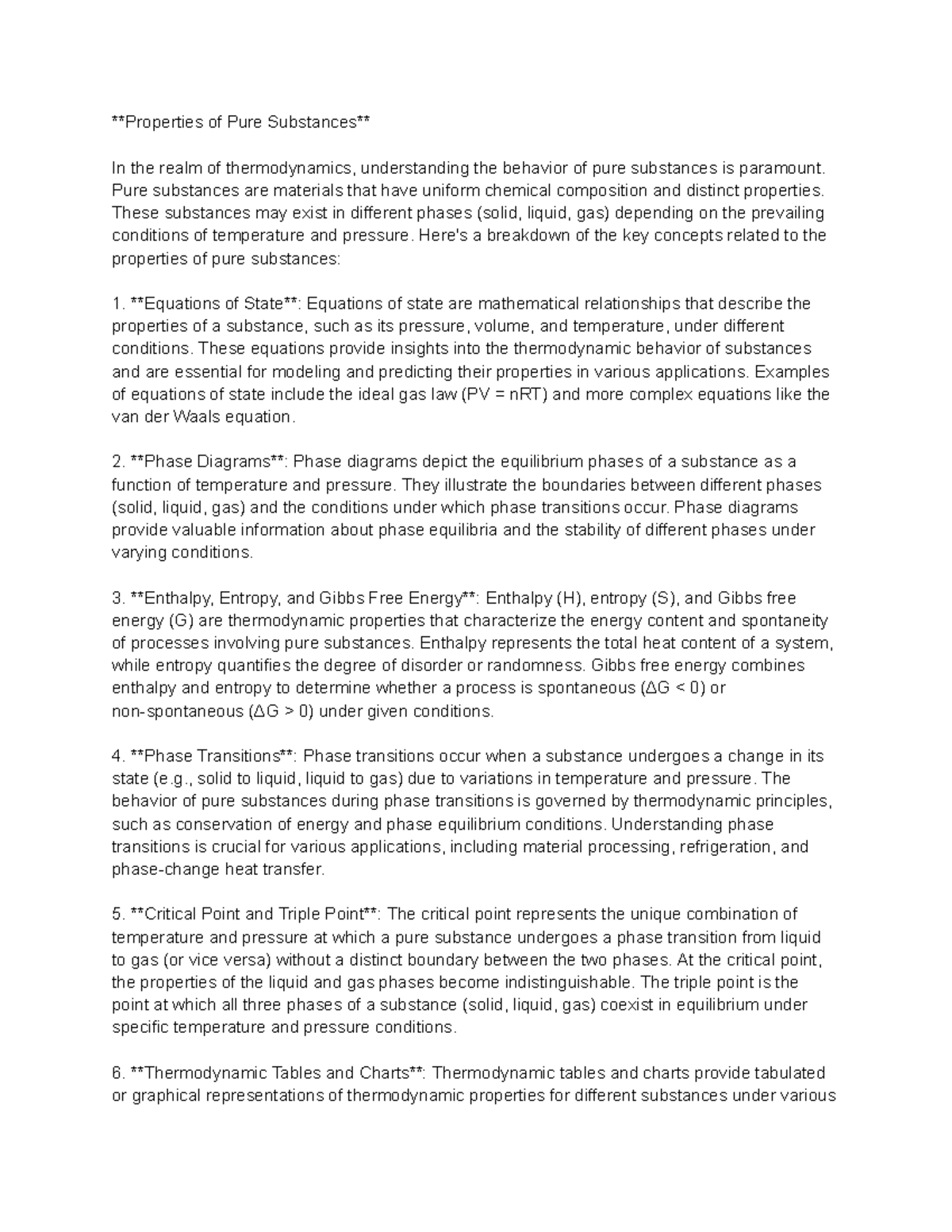 Chemical Engineering Class Notes Properties of Pure Substances ...