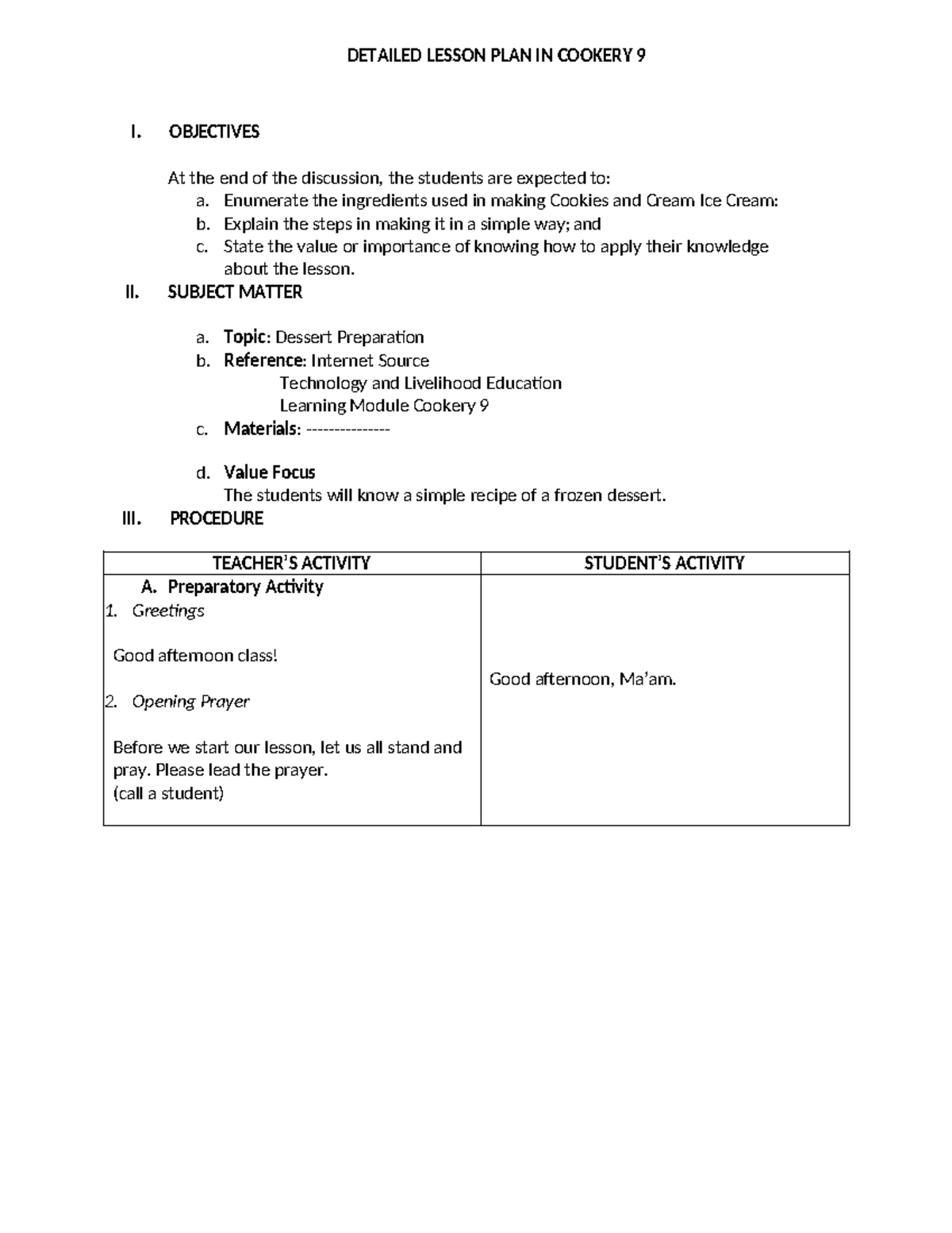 Dessert Preparation - N/A - DETAILED LESSON PLAN IN COOKERY 9 I ...
