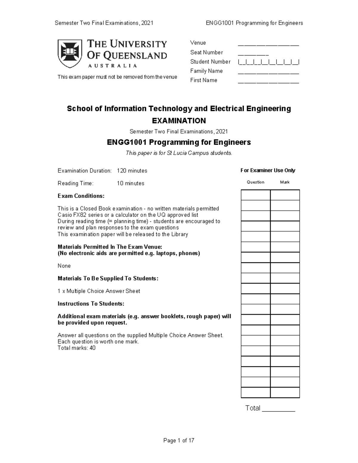 Semester Two Final Examinations 2021 ENGG1001 - This exam paper must not be removed from the ...