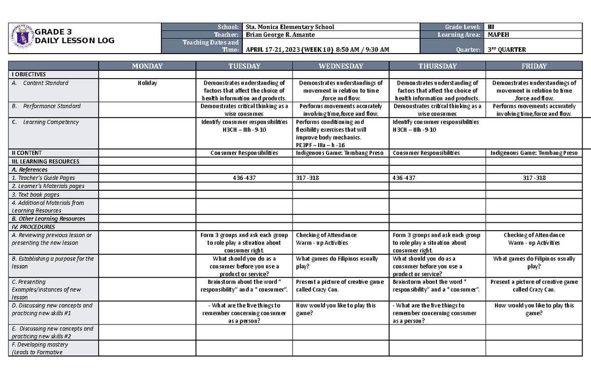 DLL Mapeh 3 Q3 W9 - Sample Lessons - GRADE 3 DAILY LESSON LOG School: Sta. Monica Elementary ...