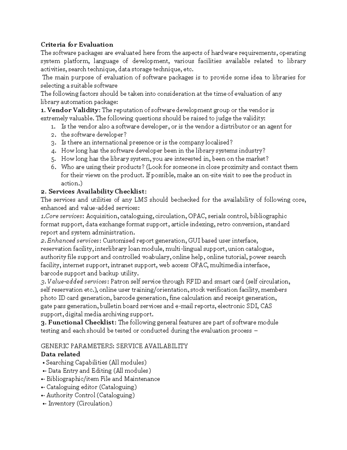 Evaluation criteria of Library Management systems - Criteria for ...