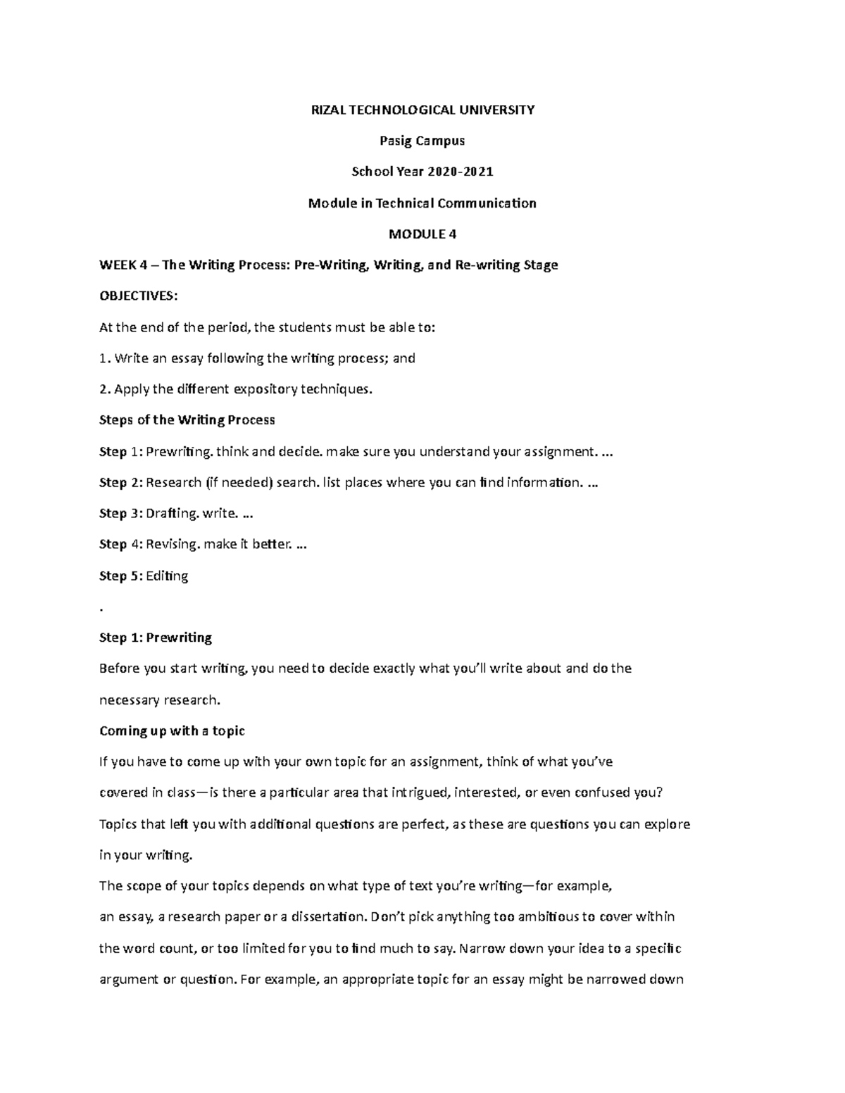 Technical Writing Module 4 - RIZAL TECHNOLOGICAL UNIVERSITY Pasig Campus School Year 2020 ...