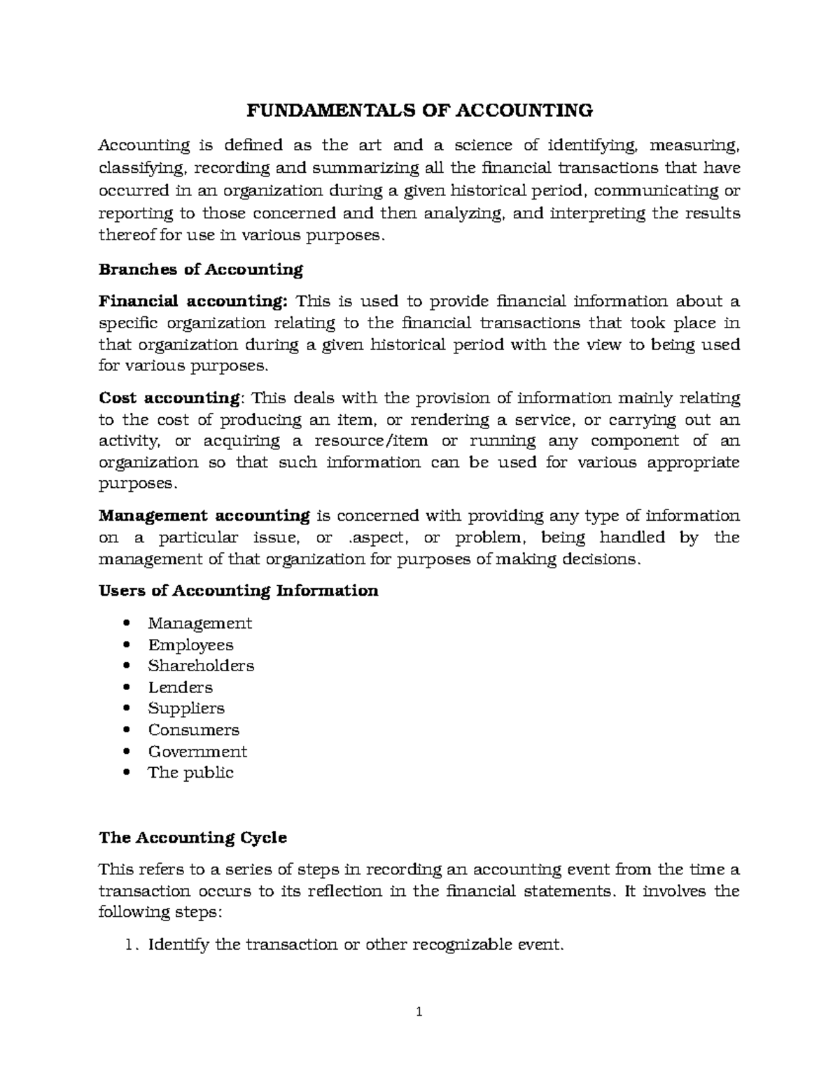 Fundamentals OF Accounting-Introduction - FUNDAMENTALS OF ACCOUNTING ...