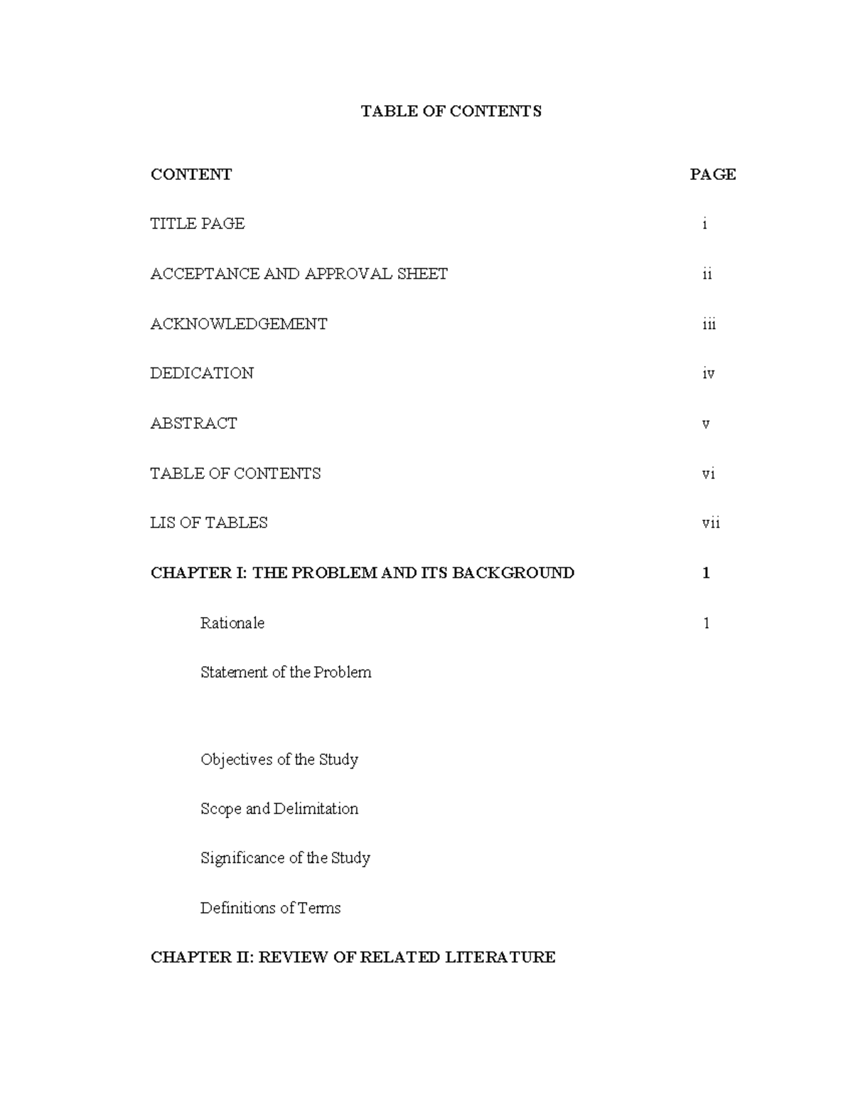 Narrative report content - TABLE OF CONTENTS CONTENT PAGE TITLE PAGE i ...