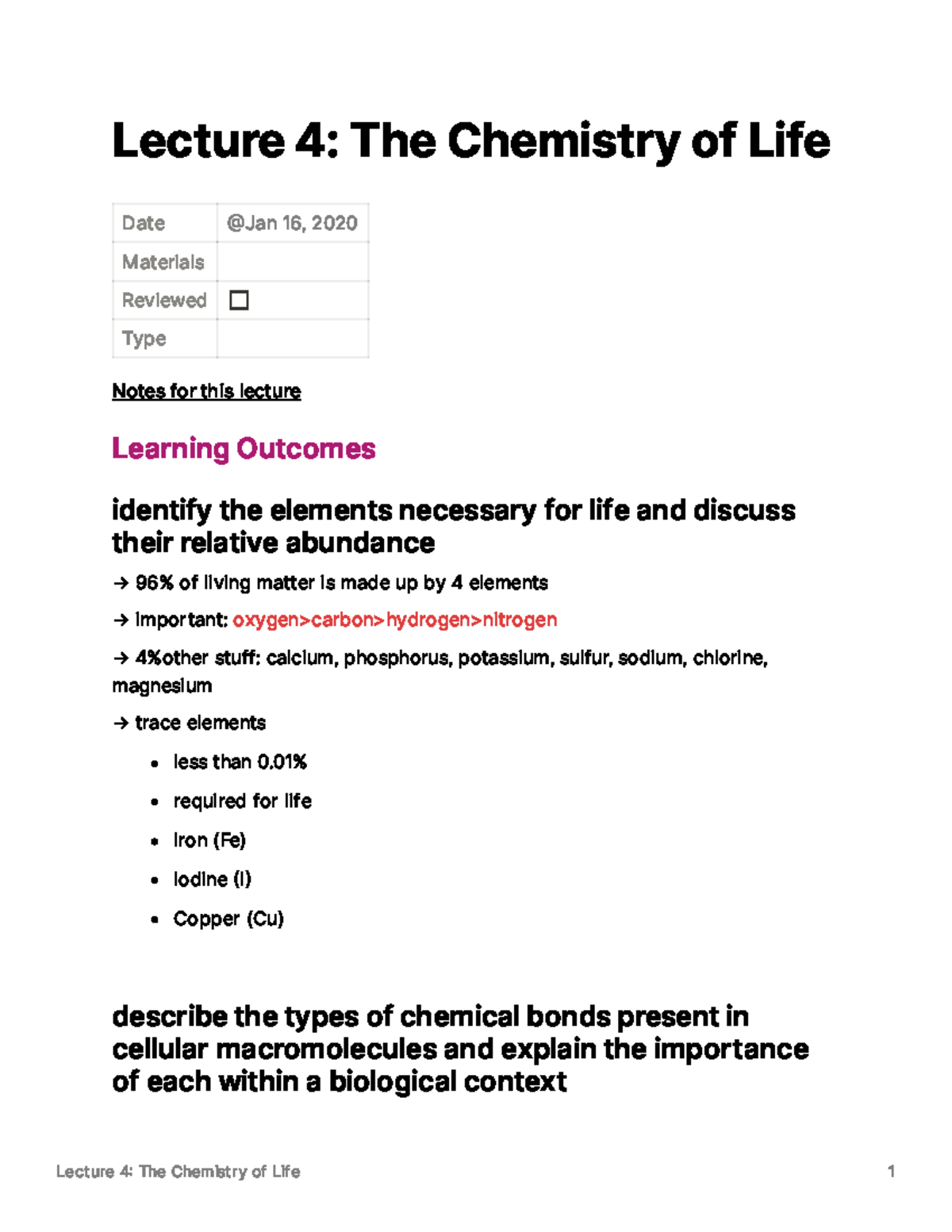 Lecture 4 The Chemistry of Life - Lecture 4: The Chemistry of Life Date ...