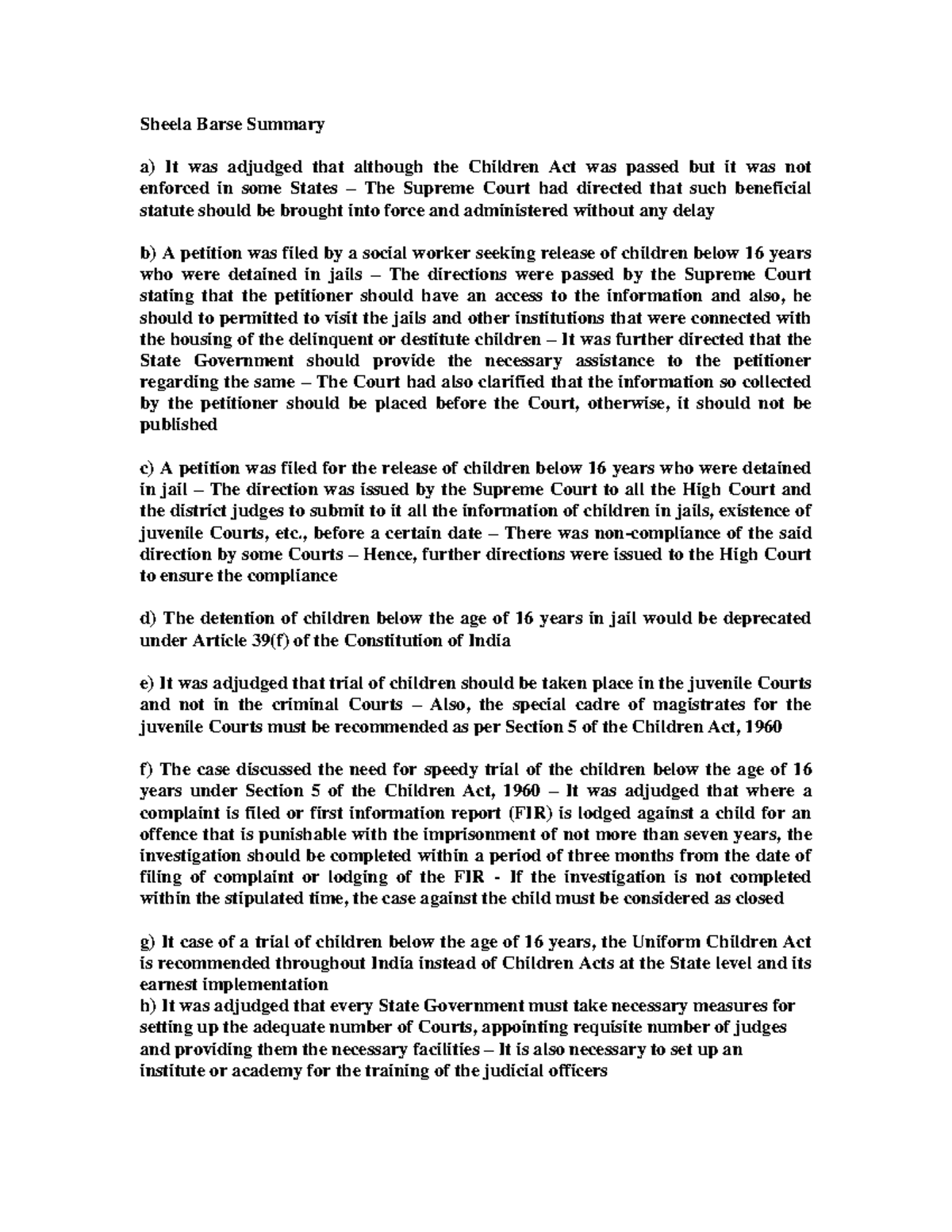 Sheela Barse - PIL STUDY MATERIAL - Sheela Barse Summary a) It was ...