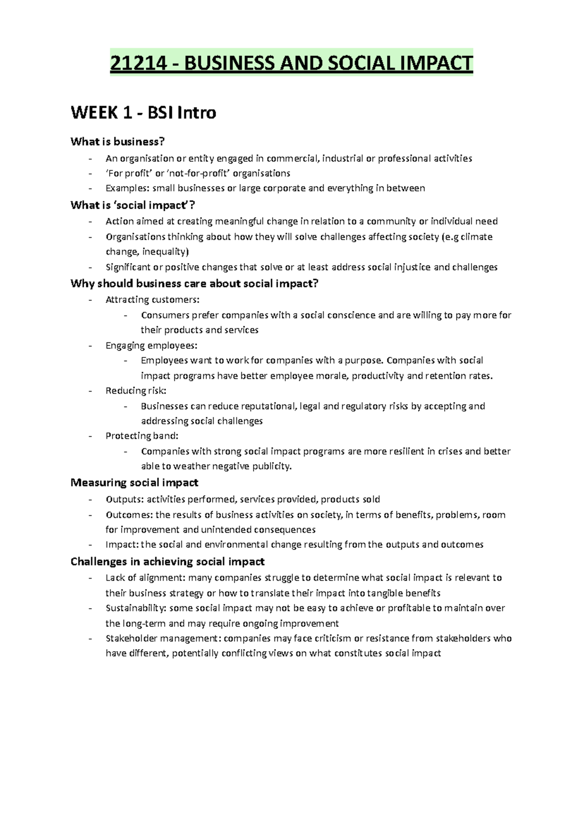 21214 - BSI Notes - 21214 - BUSINESS AND SOCIAL IMPACT WEEK 1 - BSI ...