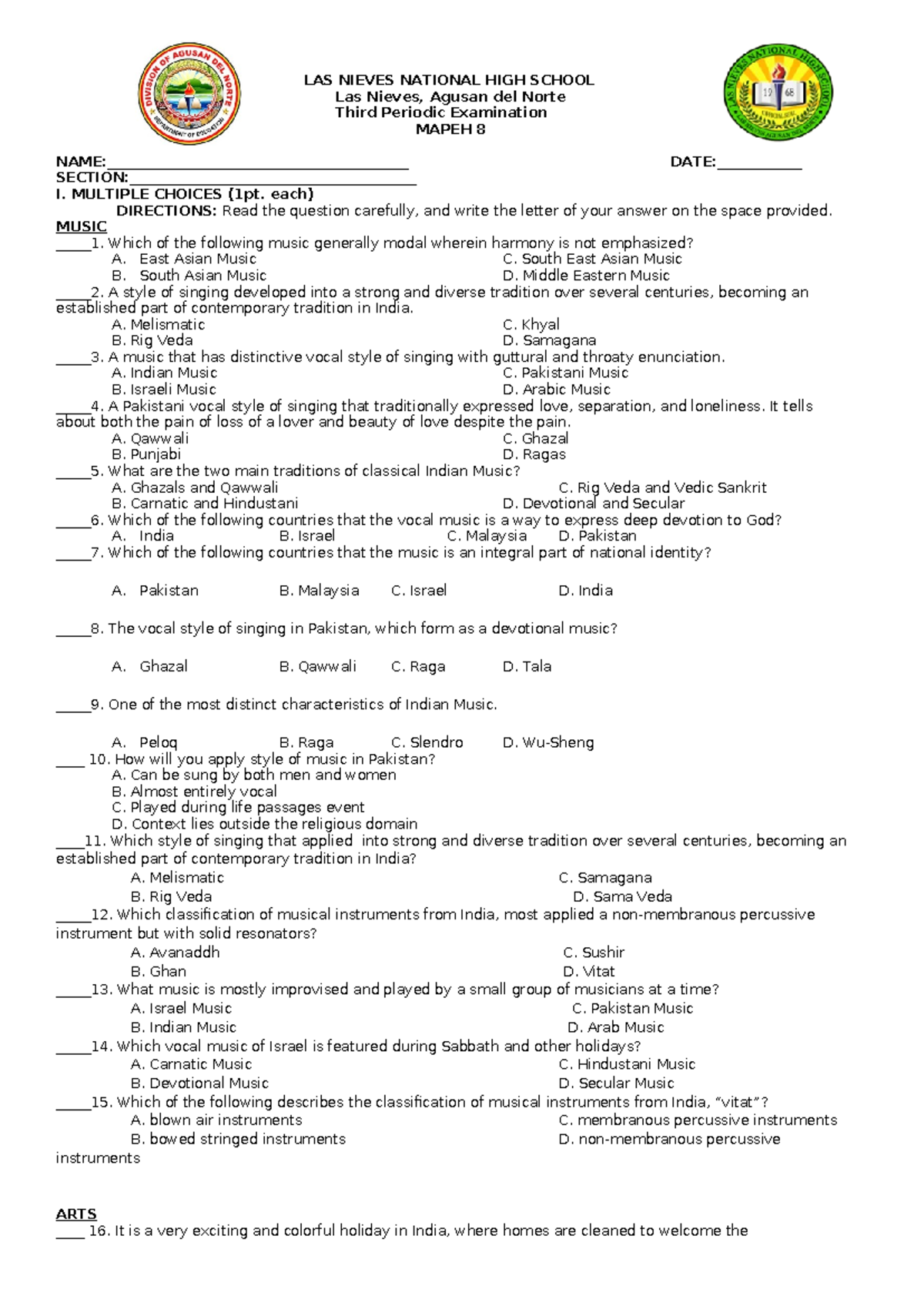 3rd-Periodic-Exam - LAS NIEVES NATIONAL HIGH SCHOOL Las Nieves, Agusan del Norte Third Periodic ...