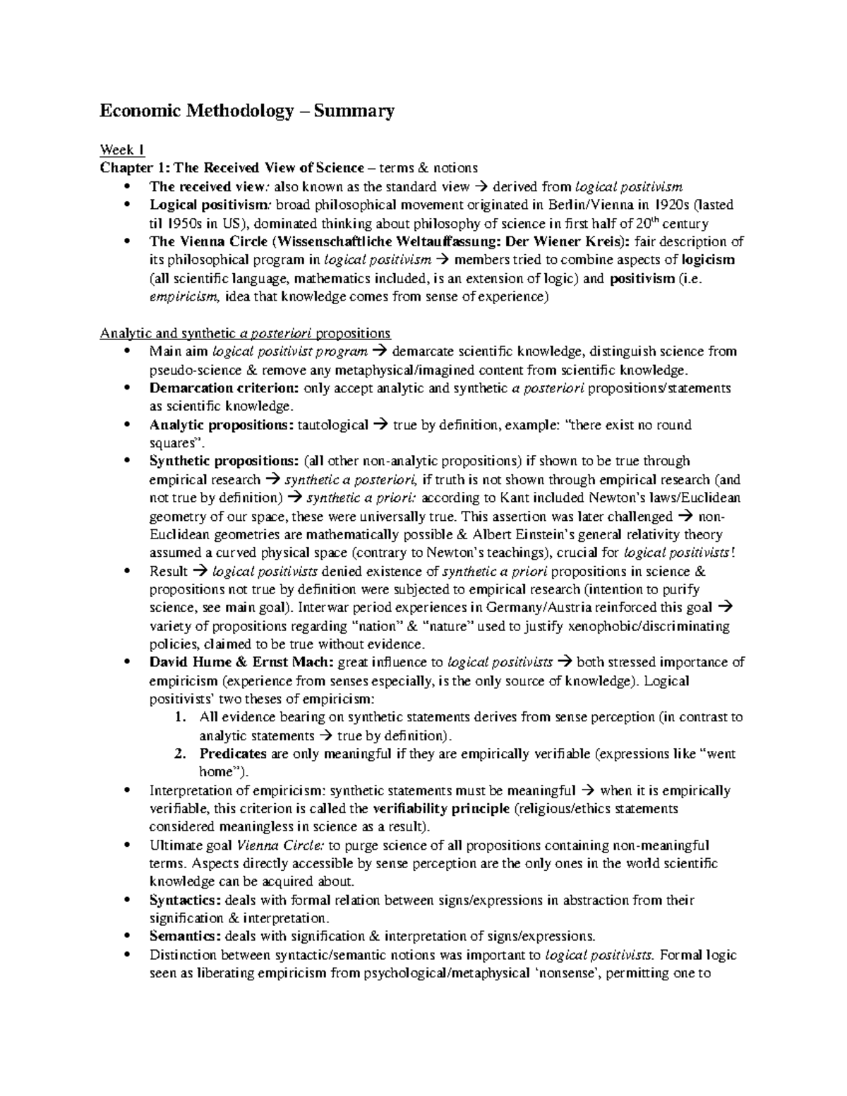 Summary Economic Methodology week 1-7 - Economic Methodology – Summary ...