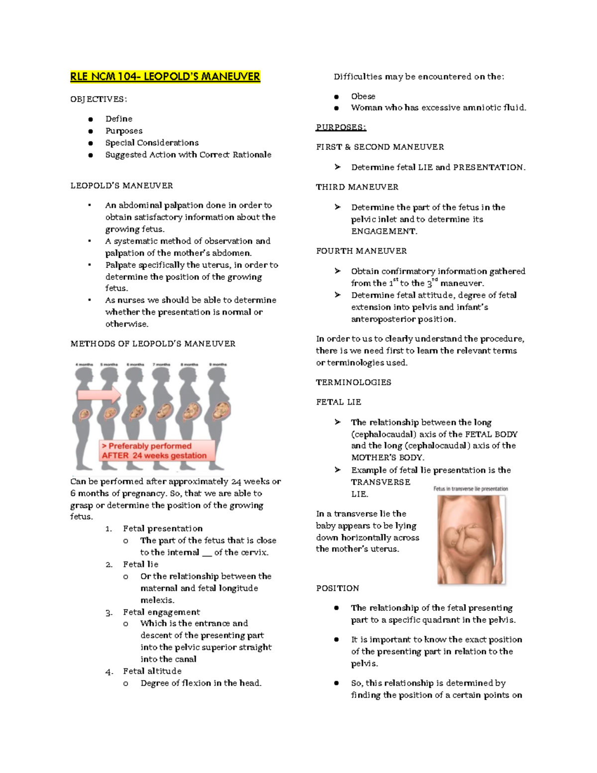 Leopolds - notes on leopold's maneuver - RLE NCM 104- LEOPOLD’S ...
