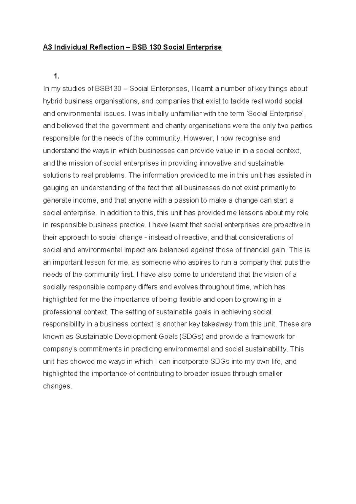 BSB130 Individual Reflection - A3 Individual Reflection – BSB 130 ...