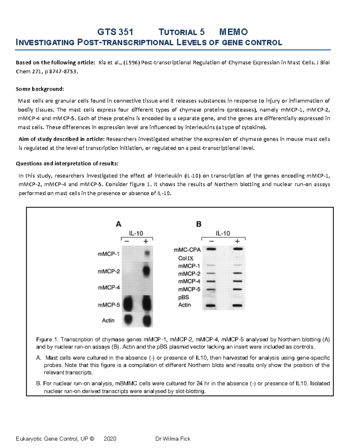 TUT5 MEMO Post-transcriptional regulation 2020 - GTS 351 TUTORIAL 5 ...