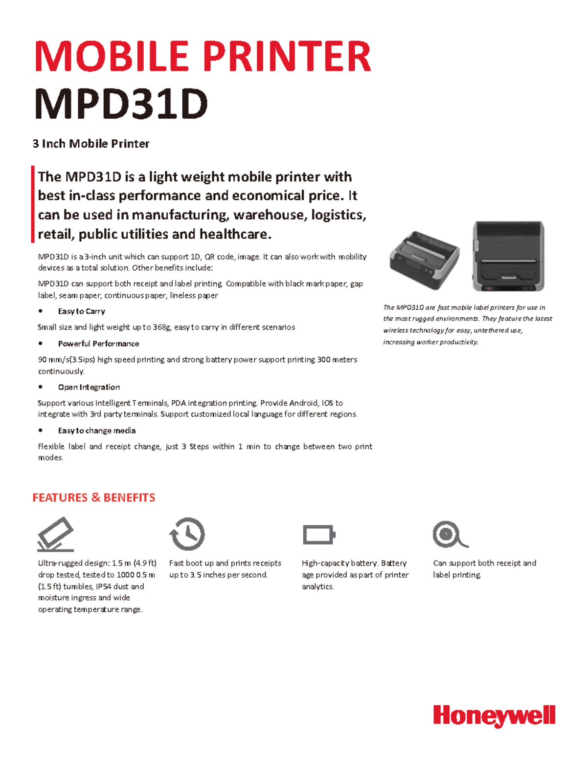 Honeywell mpd31d specification sheet - MOBILE PRINTER MPD31D 3 Inch Mobile Printer The MPD31D is ...