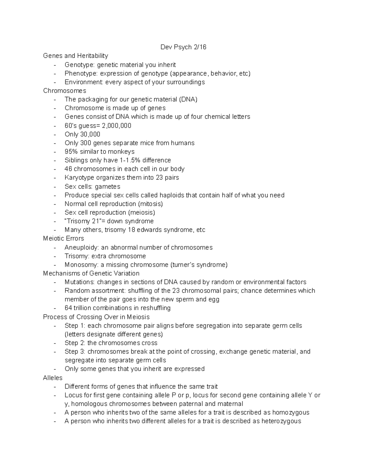 Developmental Psych 2/16 - Dev Psych 2/ Genes and Heritability Genotype ...
