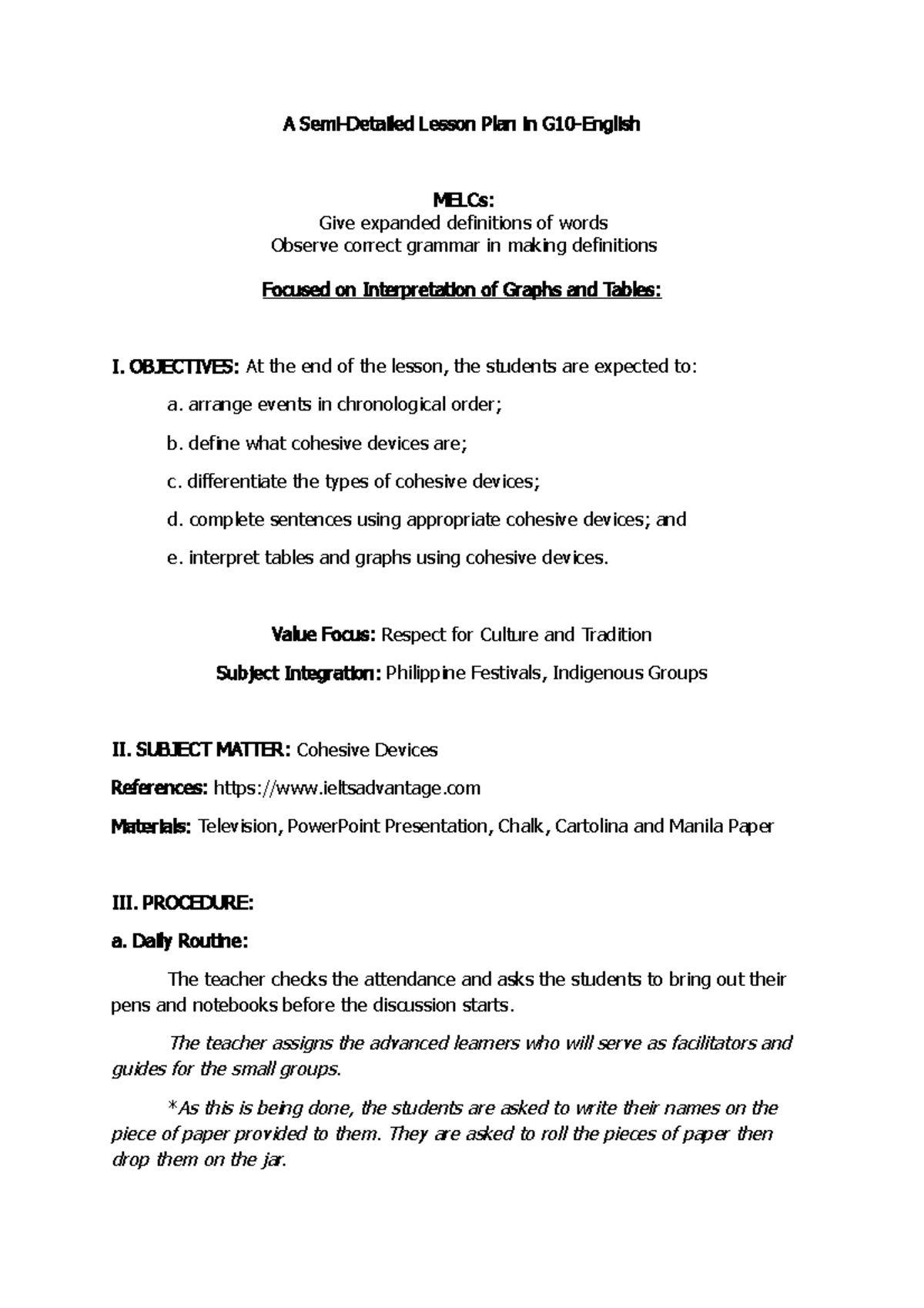 Cohesive Devices Lesson Plan COT2 IP - A Semi-Detailed Lesson Plan in ...