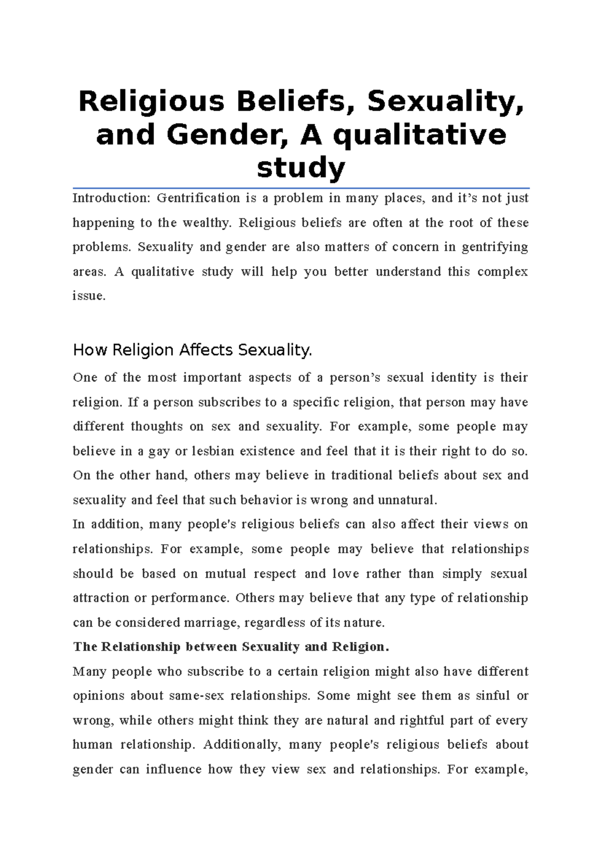 Religious Beliefs, Sexuality, and Gender, A qualitative study ...